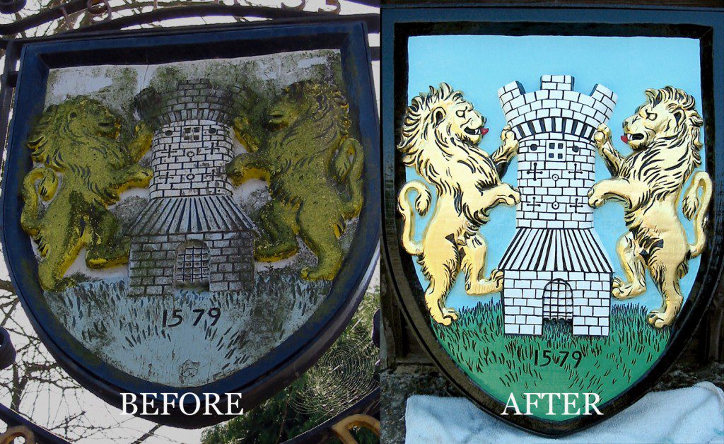 Two images showing the Village Sign before and after Restoration work
